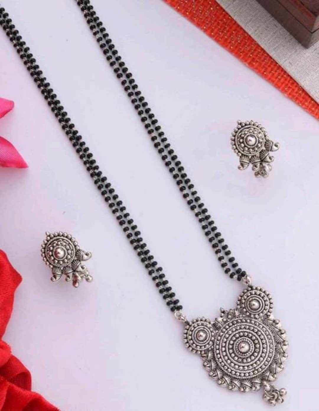 Indian Oxidised Silver Mangalsutra, Black Beads Long Mala Style ...