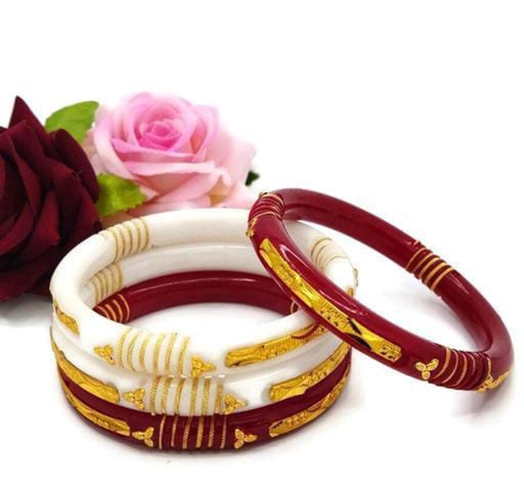 Indian Traditional Gold Binding Shakha Pola Red White Bangle Set, Red ...
