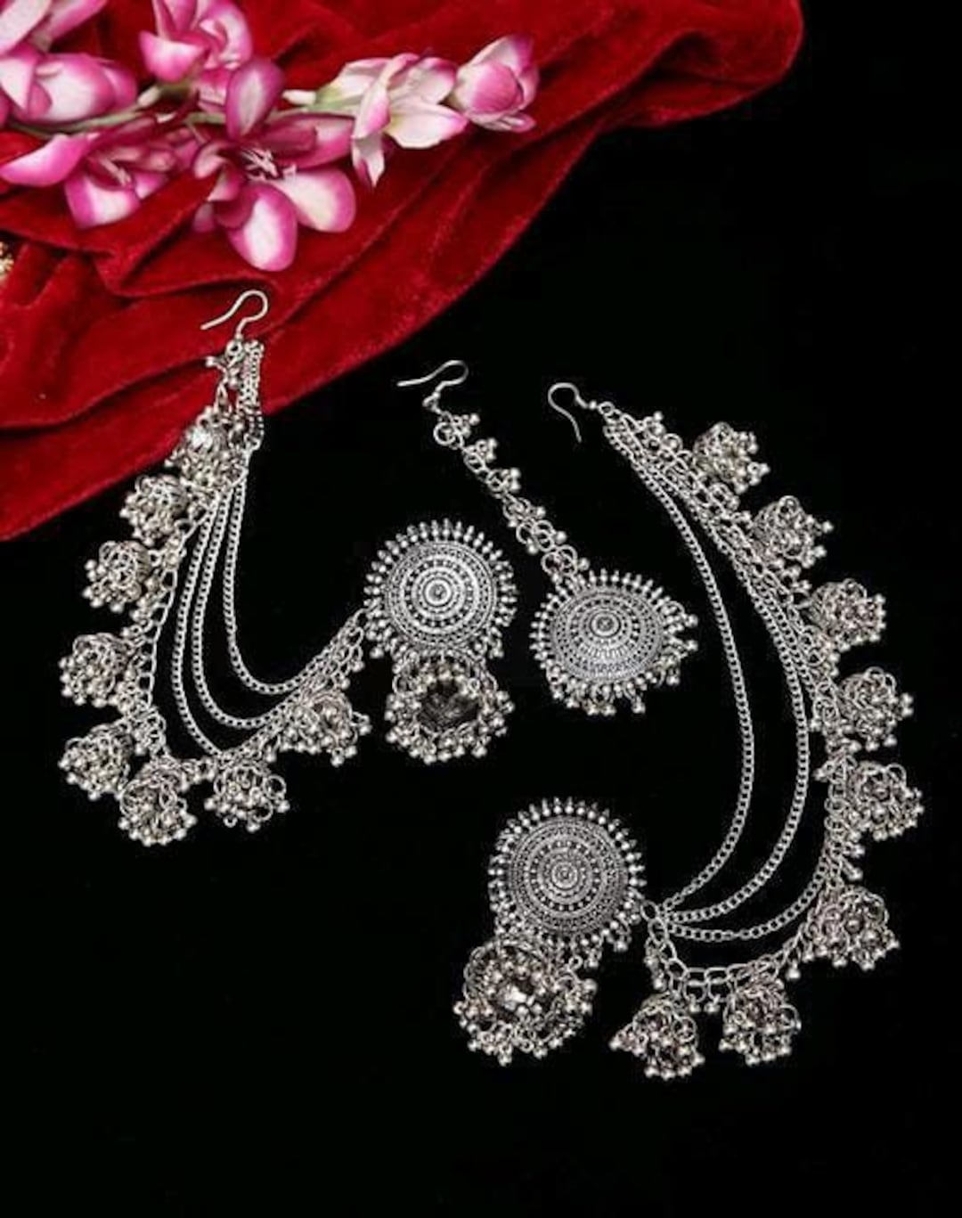 Chandbali Oxidised Stone Jhumka Earring With Teeka, Long Black Polish ...
