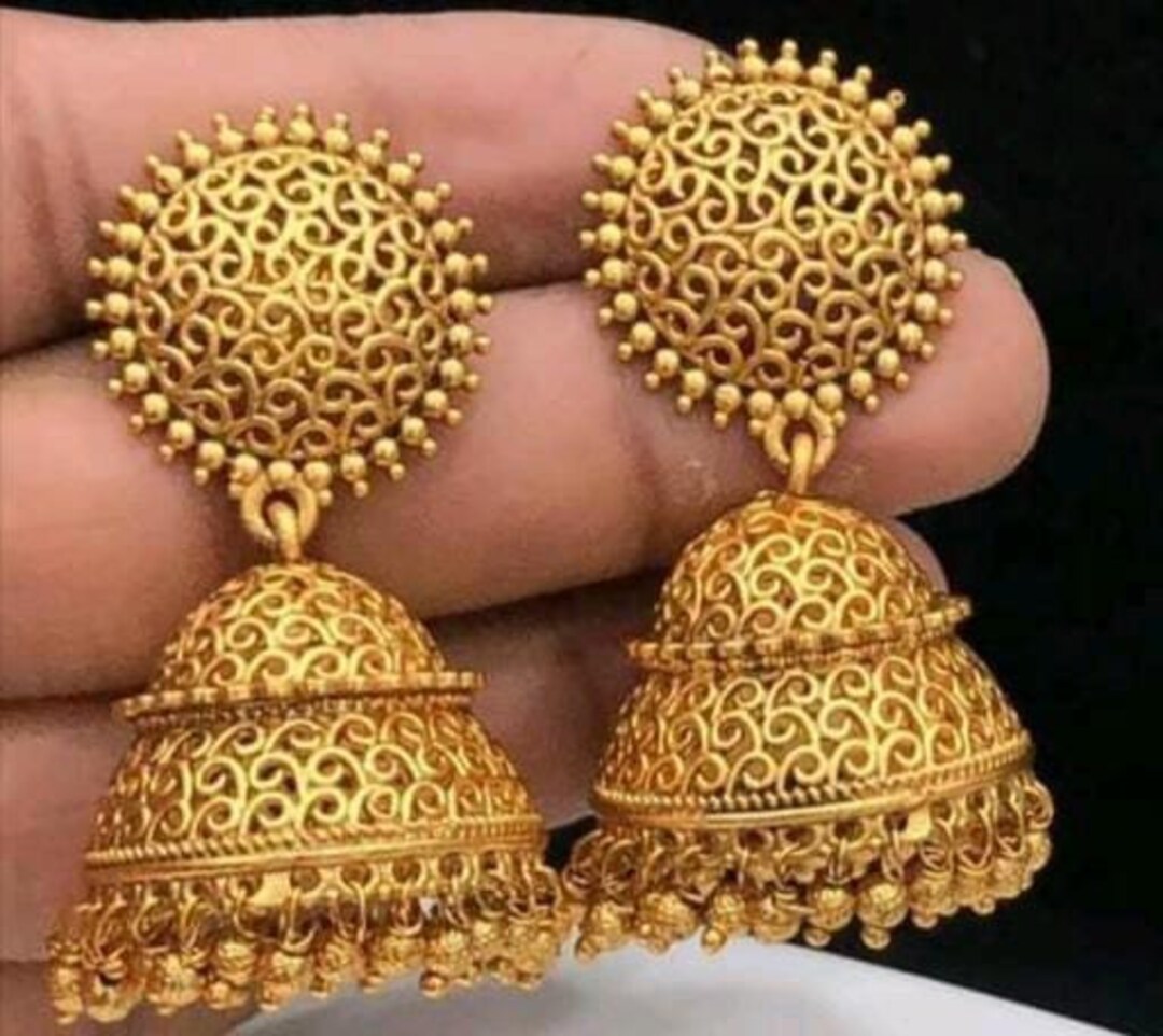 Designer Bollywood Gold Plated Temple Jhumka Earrings, South Indian ...