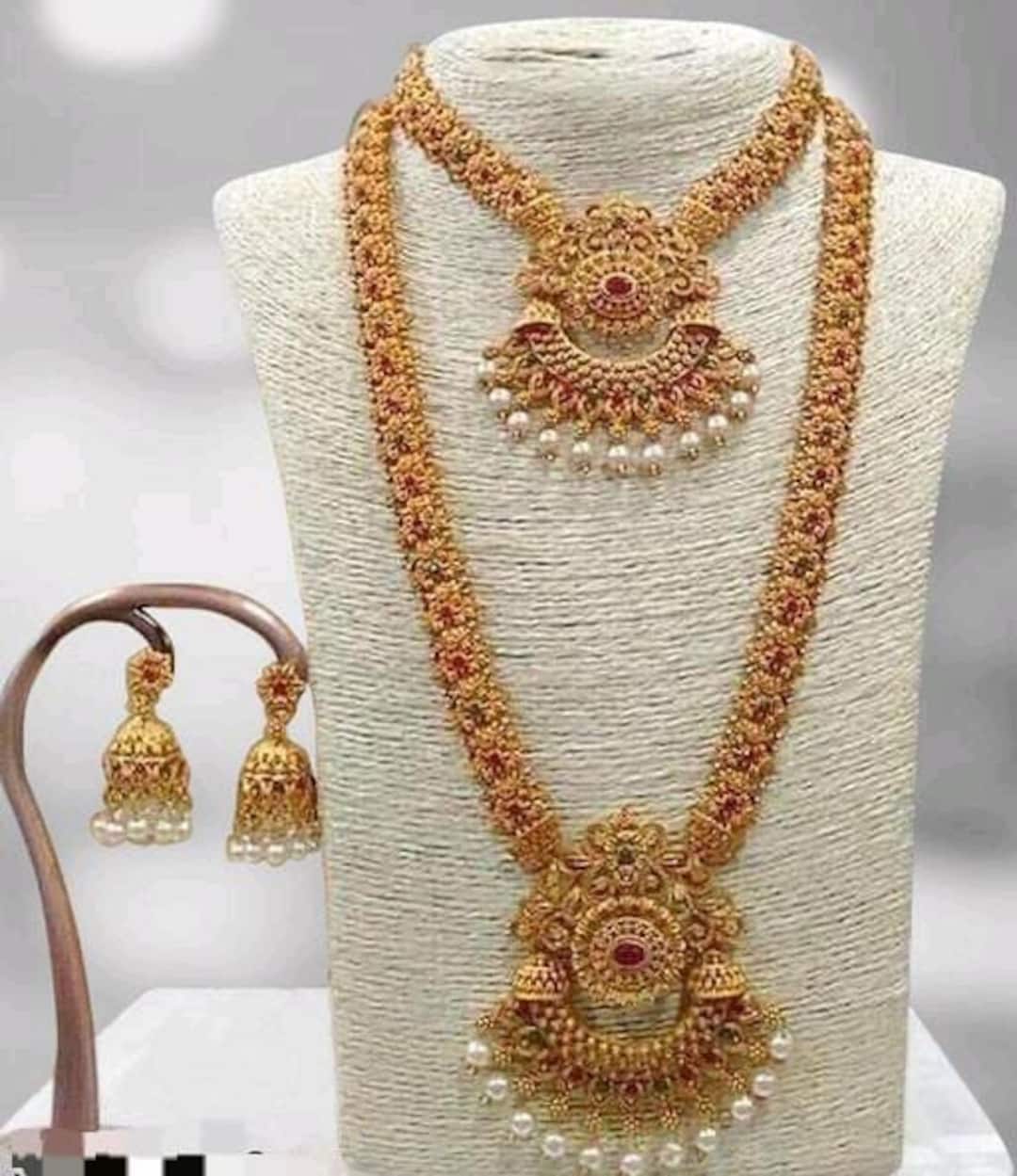 Gold Matte Finish Indian Temple Necklace Set, South Indian Look Golden ...