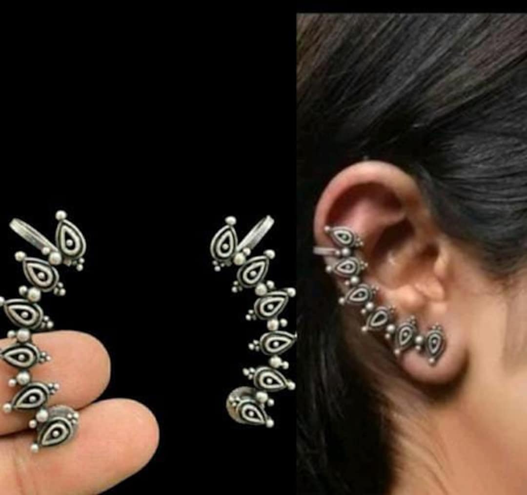 Flower Silver Ear Cuff Wrap Long Chain Tassel Drop Hole Earring ...