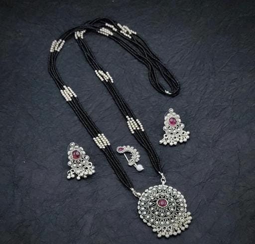 Oxidised Silver Mangalsutra Black Beads Long Mala Style Mangalsutra Religious Traditional Mangalsutra Temple Long Indian Jewelry