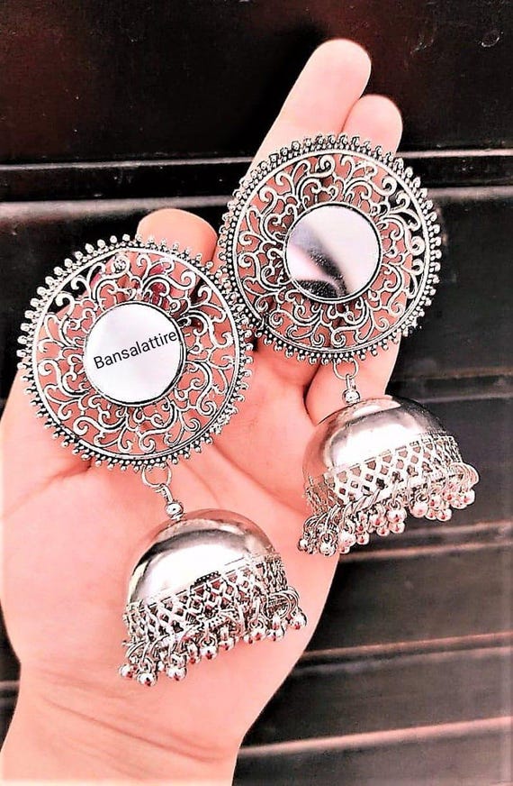 Big Traditional Jhumka Indian Pakistani Jhumka Party and Casuak Wear Handmade Silver Jhumka Jhumki Oxidized Earrings Mirror Earring Etsy