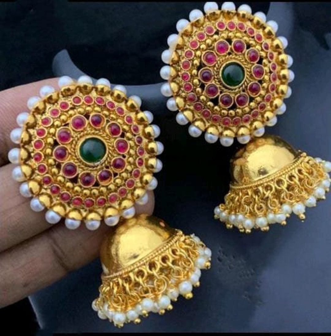 Wedding Gold Plated Pink Temple Jhumka Earrings, South Indian Temple ...