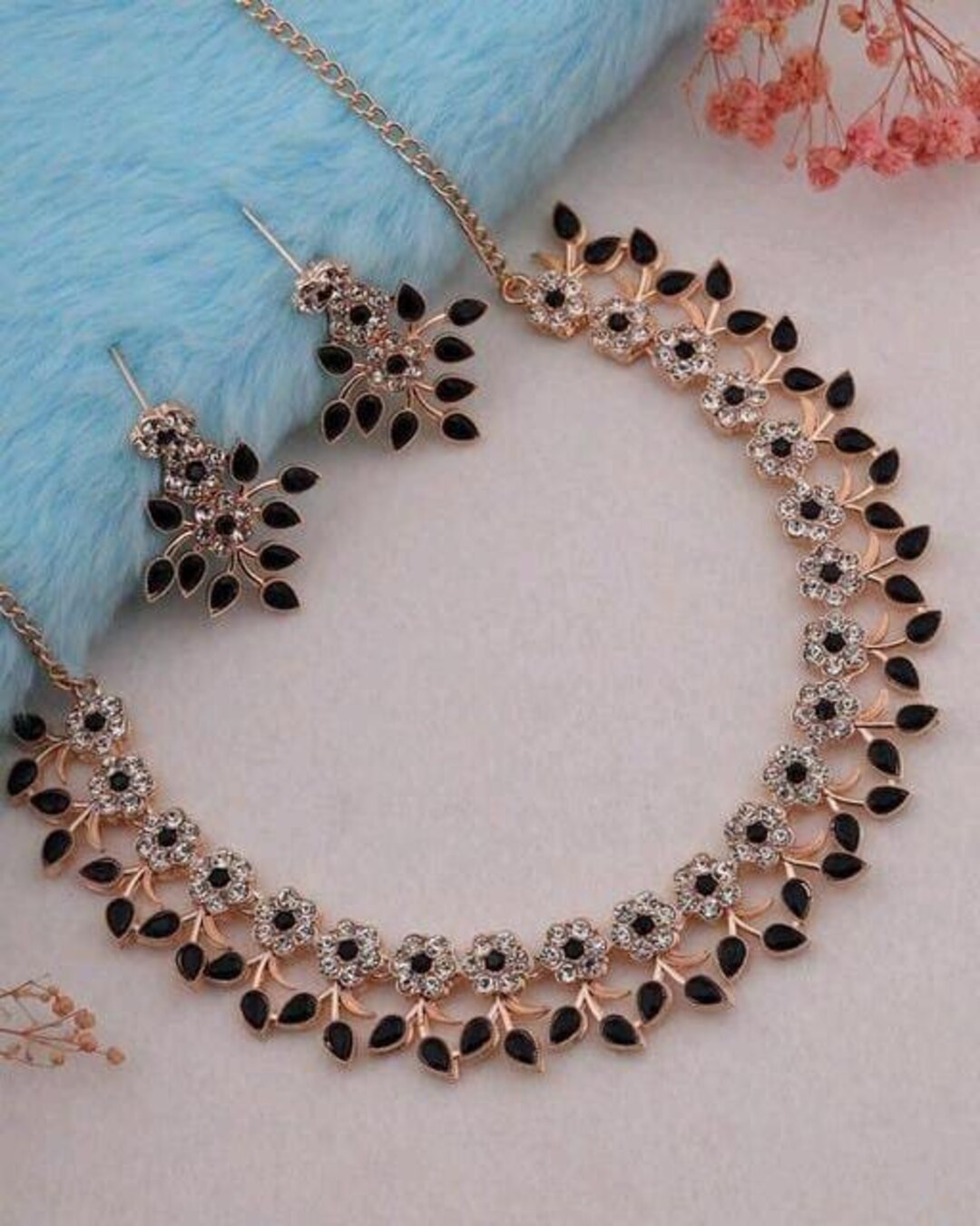 Princess Look Black Rose Gold Plated Leaf Designer CZ Choker Necklace ...