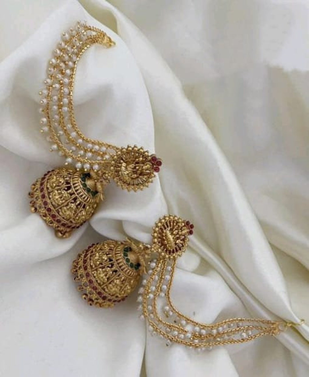 Copper & Gold Plated Temple Jhumka With Ear Chain, South Indian Temple ...