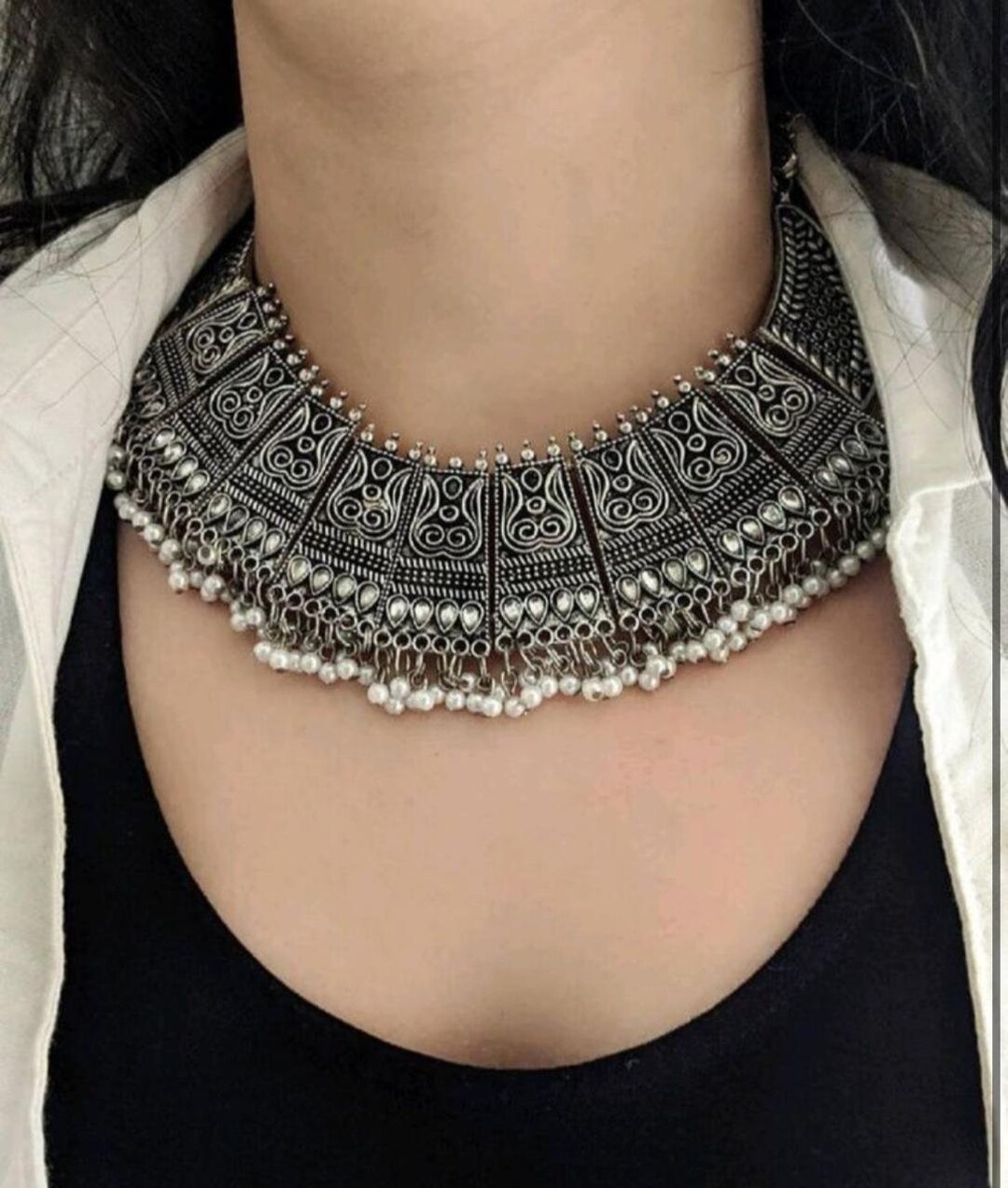 Afghani Black Polish Oxidised Chokar Set/ Indian Silver Rajasthani ...