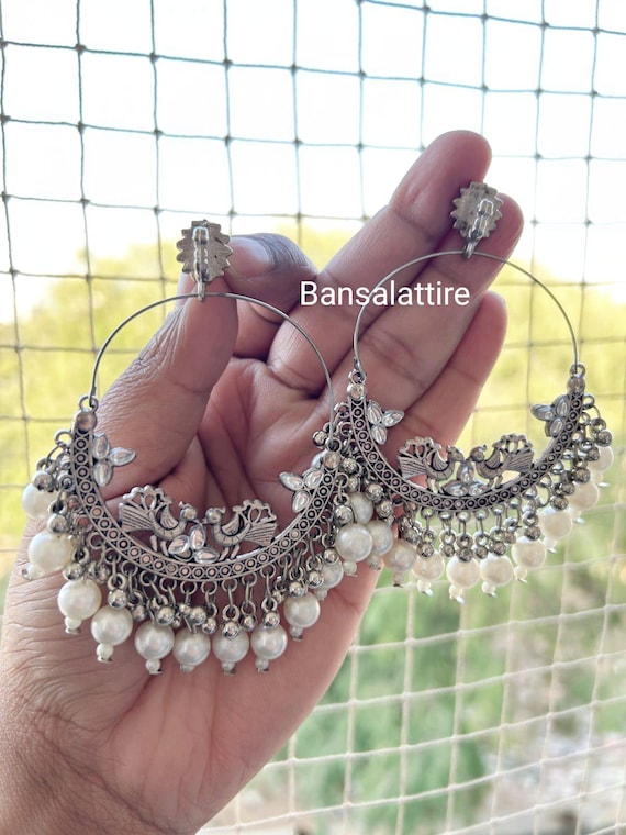 New Look White Pearls Peacock Hoop Silver Earrings Pakistani Jhumka Silver Oxidised White Pearls Jhumki Earrings Ethnic Hoop Earrings Etsy Denmark