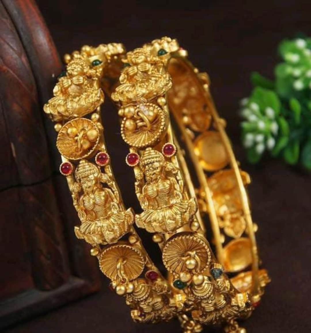 Antique Gold Laxmi Temple South Bangles Set, 22k Gold Plated Bangles ...