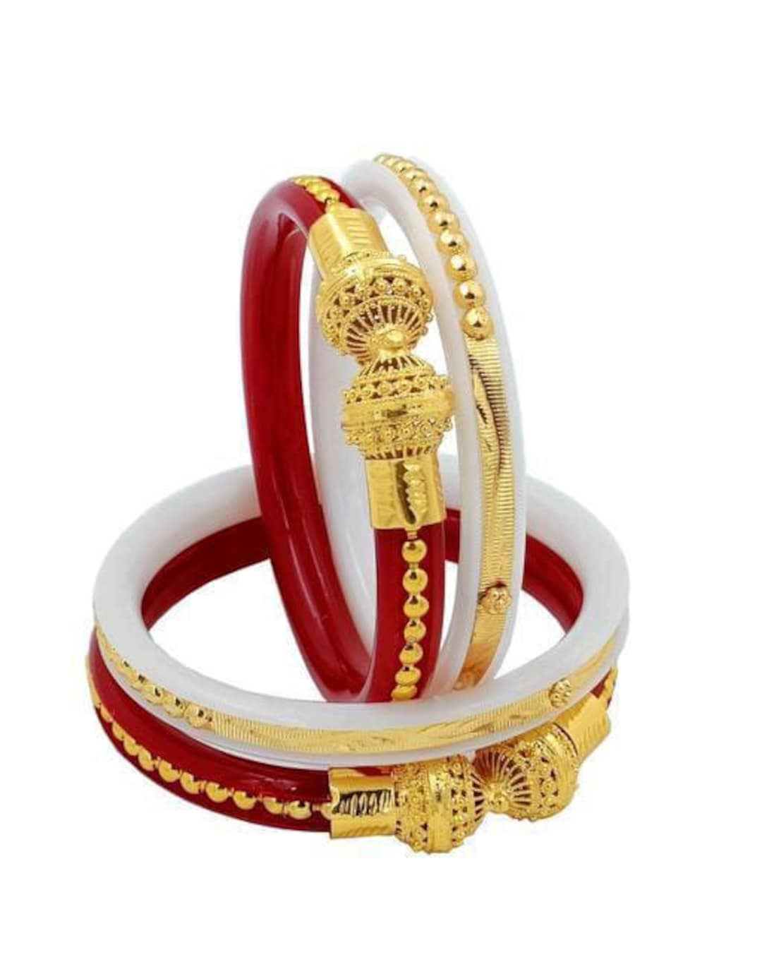 Indian Traditional Gold Binding Shakha Pola Red White Bangle Set, Red ...