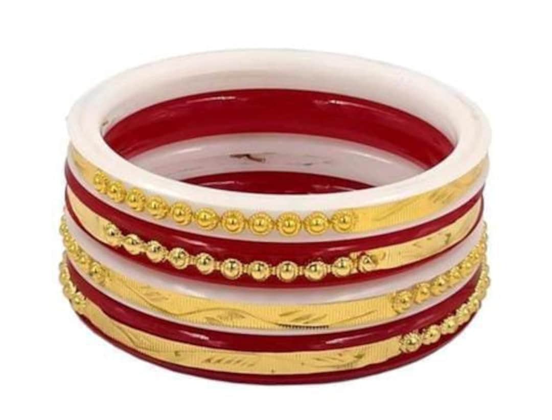 Indian Traditional Gold Binding Shakha Pola Red White Bangle Set, Red ...