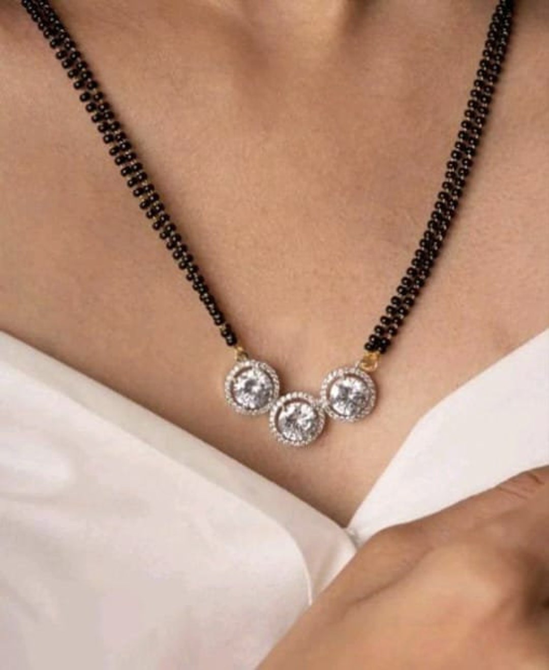 AD Stone Silver Mangalsutra, Black Beads Long Mala Style Mangalsutra ...