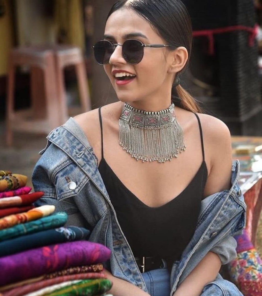 Ghungru Long Black Polish Oxidised Chokar Set Indian Silver Rajasthani ...