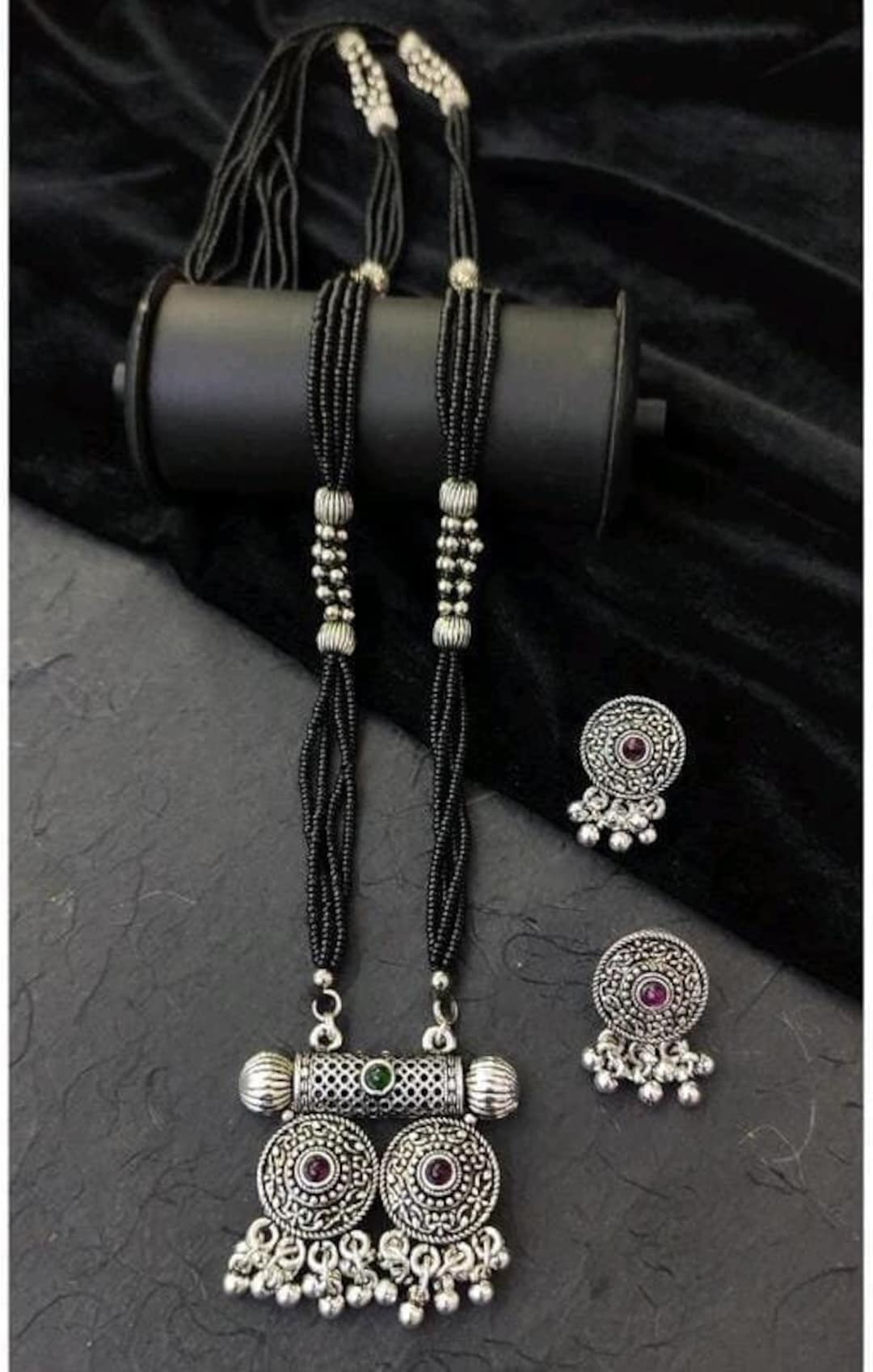 Oxidised Silver Mangalsutra, Black Beads Long Mala Style Mangalsutra ...