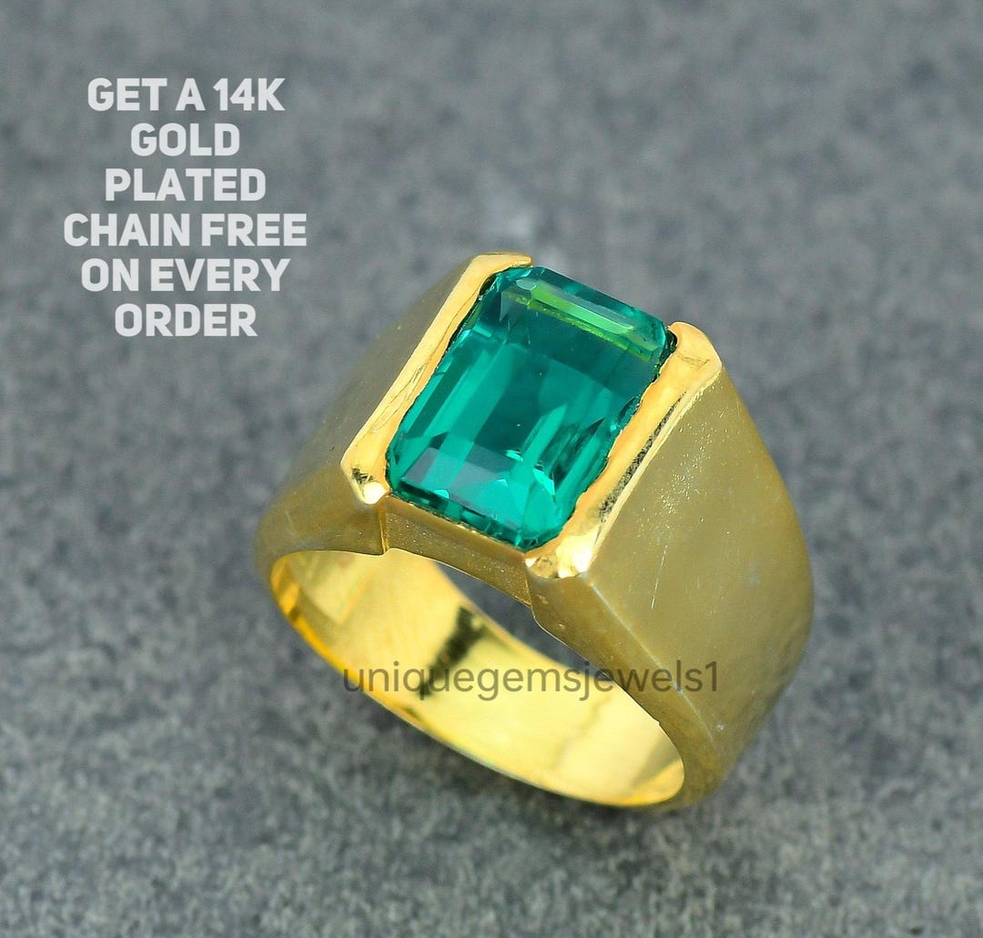 Designer Green Lab Emerald Man Ring, Handmade 925 Silver Statement Ring ...