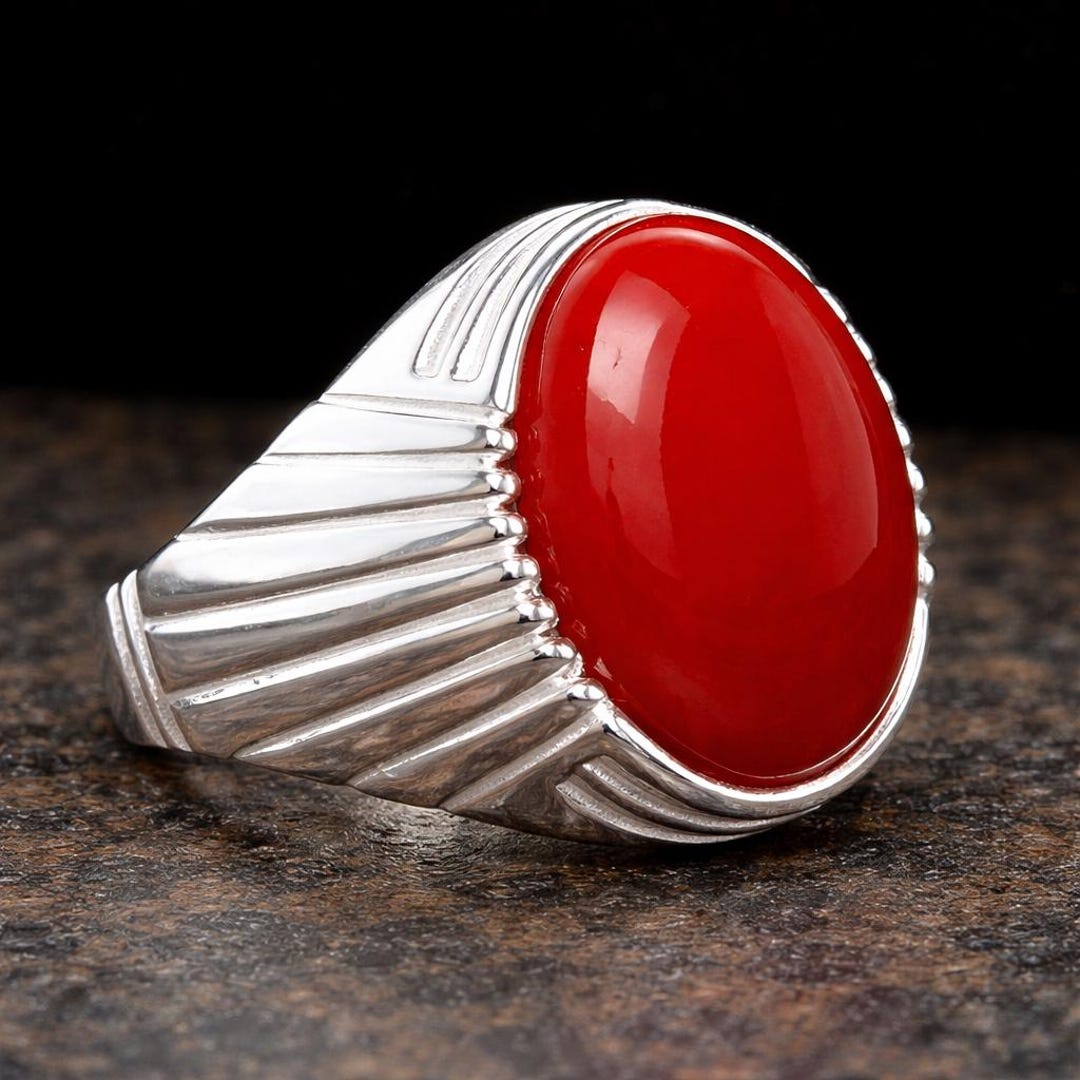 Art Deco Red Coral Natural Gemstone Ring for Men's-handmade Oval ...