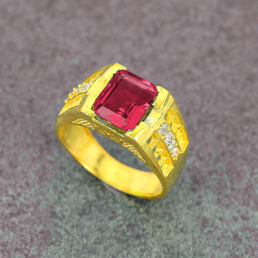 Classic Red Ruby Gemstone 14k Gold Plated Ring for Men, Party Wear Ruby ...