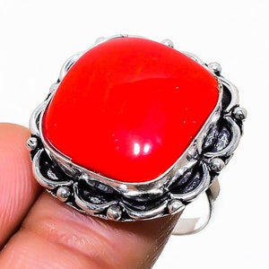 Italian Red Coral Gemstone Ring, Attractive Design Ring, 925 Sterling ...