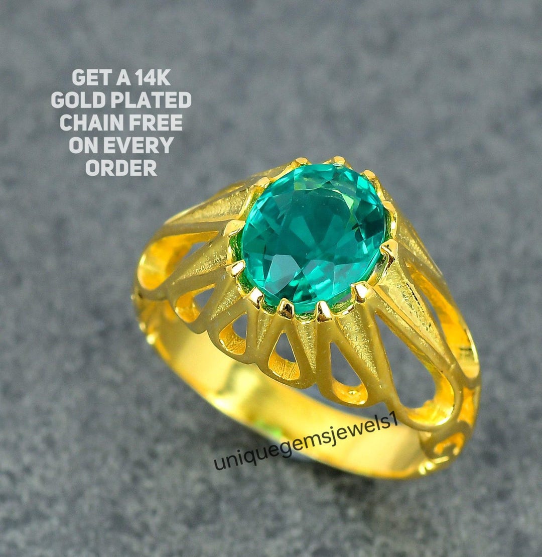 Loop Clean Lab Grown Green Emerald Gemstone Ring for Men, 14k Gold ...