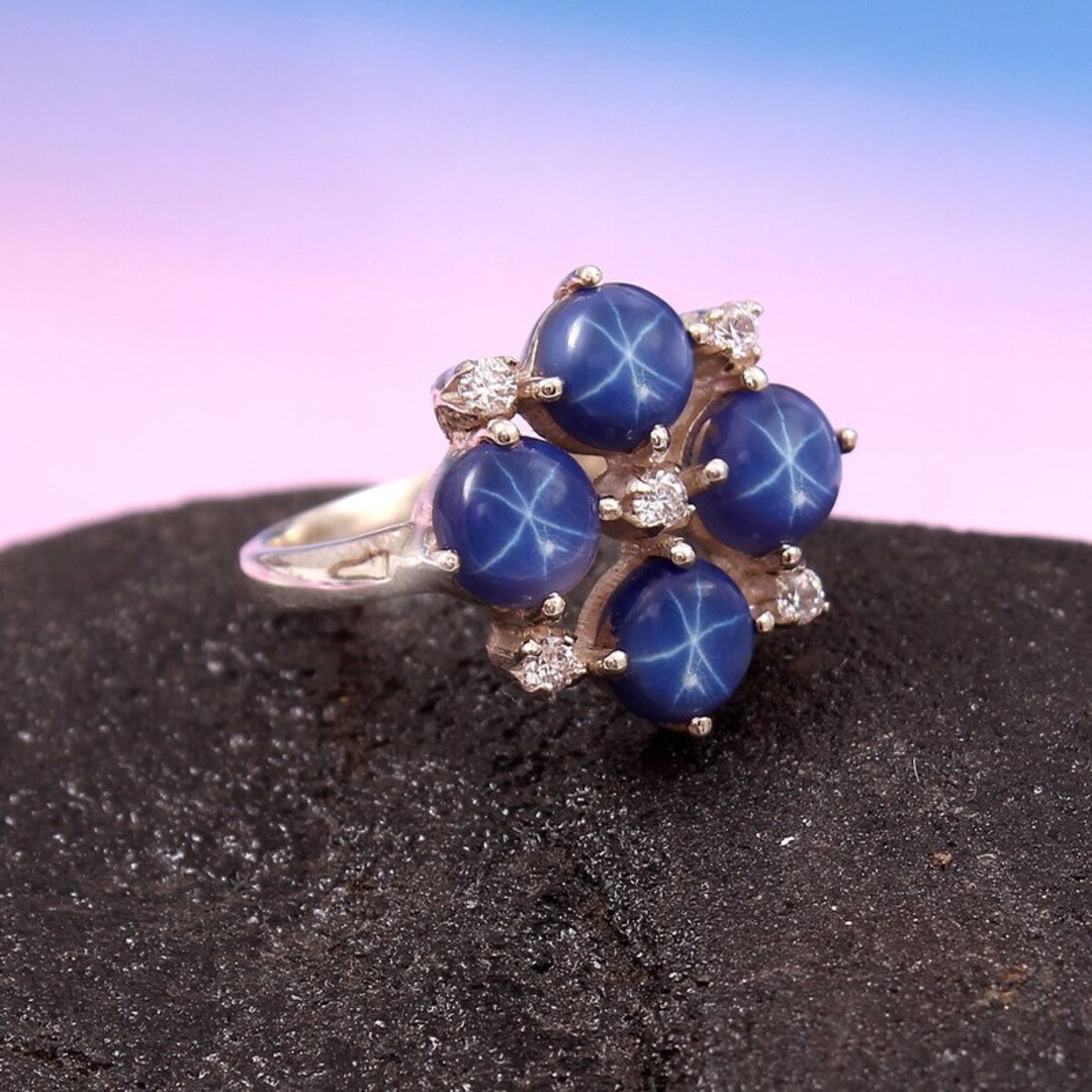 Art Deco Lindy Blue Star Sapphire Ring, 925 Silver Round Star Statement ...