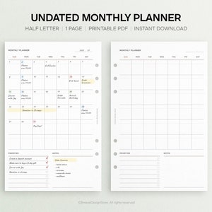 Undated Monthly Planner Printable Half Letter Monthly Printable, Month ...
