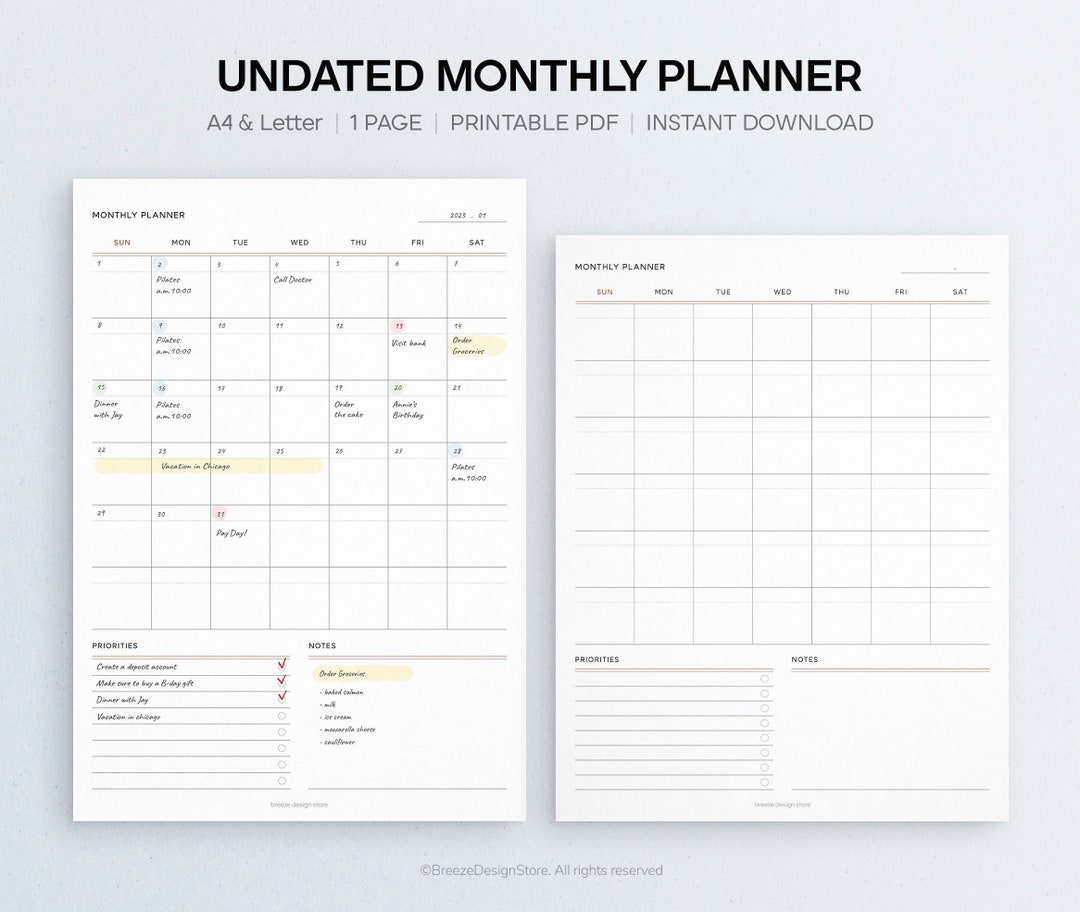 Undated Monthly Planner Printable A4 & Letter Monthly Printable, Month ...