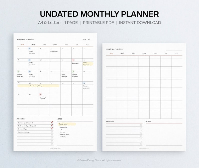 Undated Monthly Planner Printable A4 & Letter Monthly Printable, Month ...