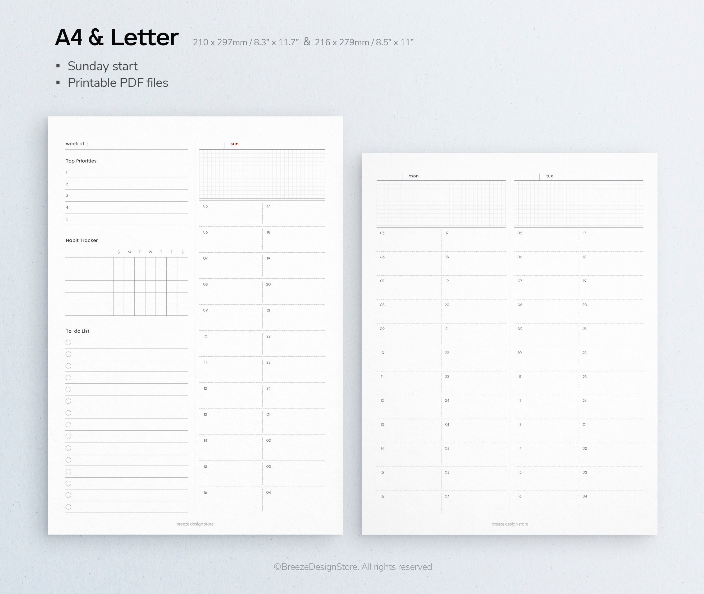 Undated Weekly Planner Printable A4&letter Weekly Printable, With Time ...