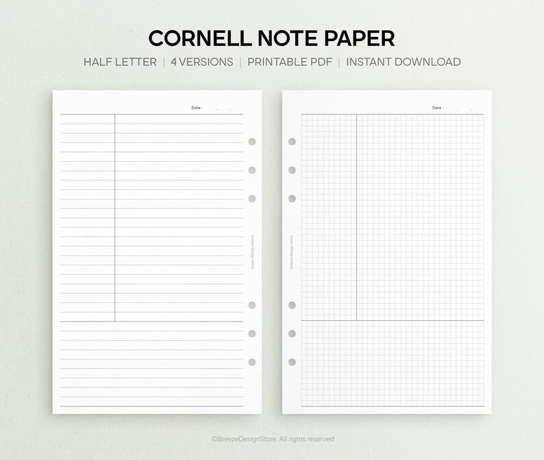 Cornell Note Paper Printable Half Letter Cornell Paper, Cornell Note, Writing Paper, Note Refill ...