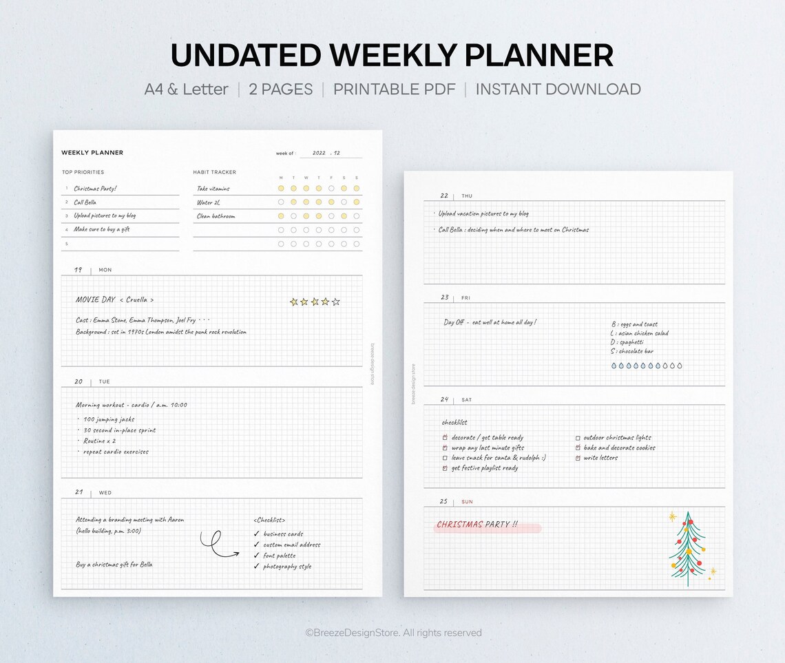 Undated Weekly Planner Printable A4 & Letter Weekly Printable, Week on ...