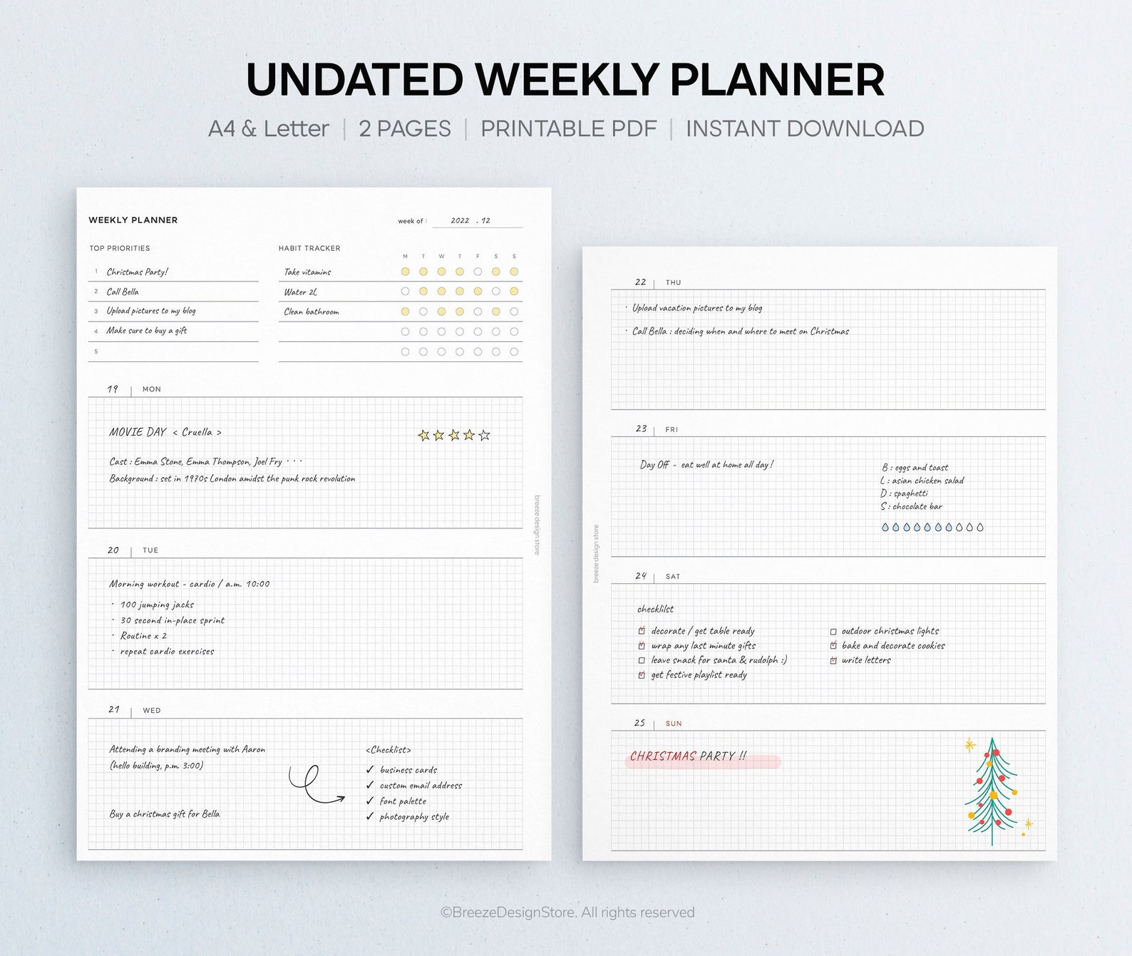 Undated Weekly Planner Printable A4 & Letter Weekly Printable, Week on ...