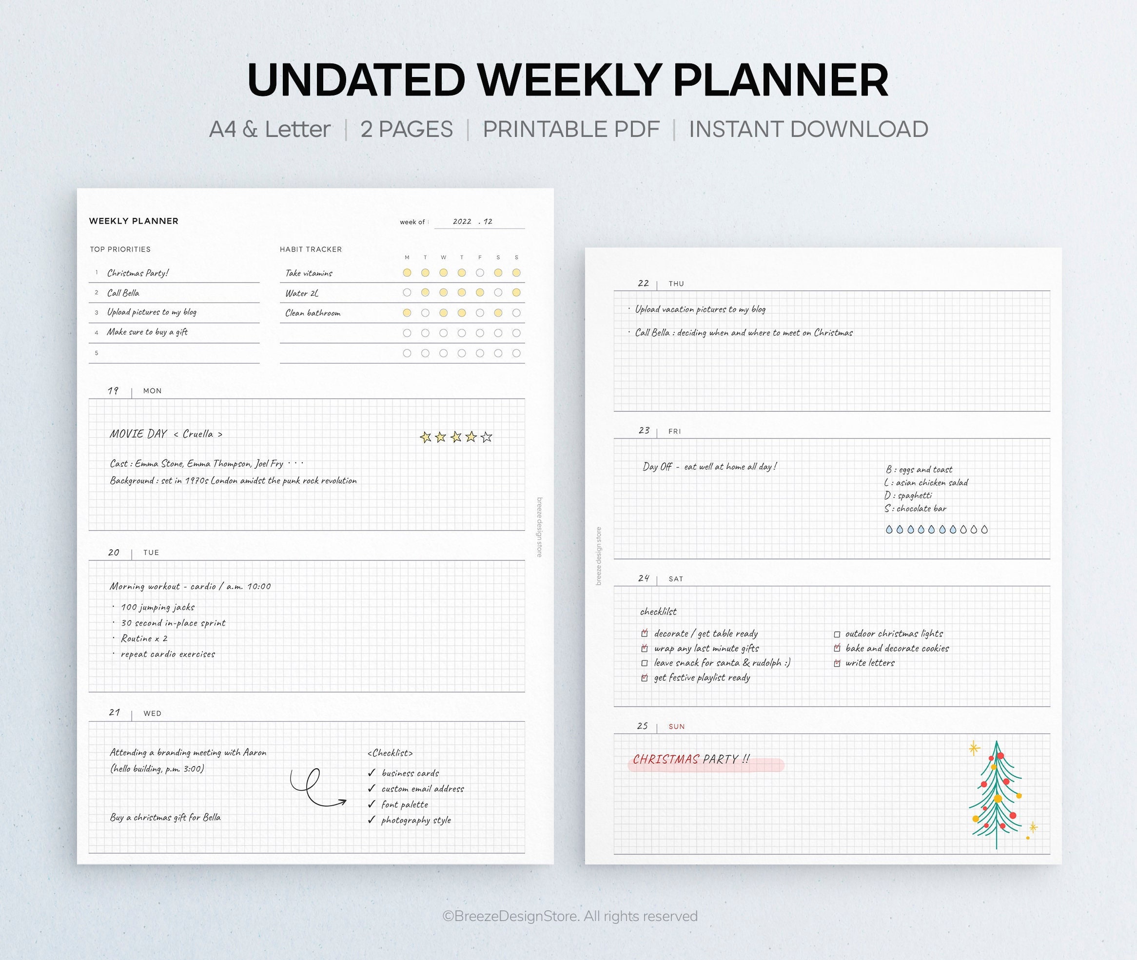 Undated Weekly Planner Printable A4 & Letter Weekly Printable, Week on ...