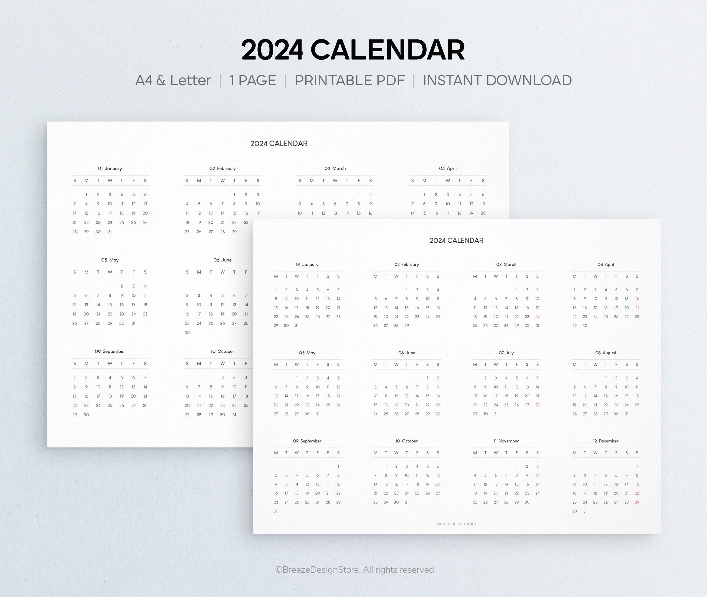 2024 Calendar Dated Calendar, A4 Calendar Printable, Year on One Page ...