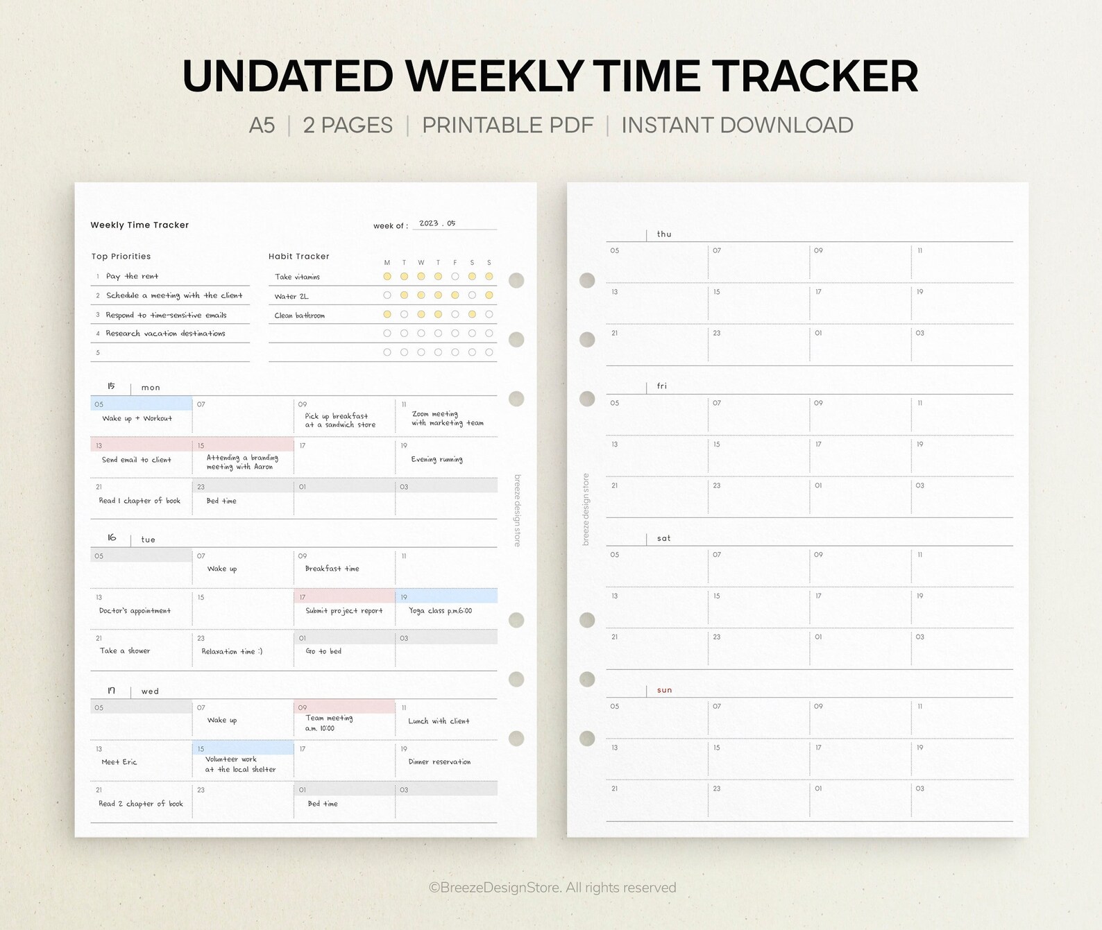 Undated Weekly Time Tracker Printable A5 Weekly Printable, With Top ...
