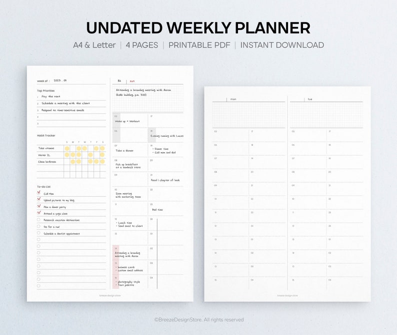 Undated Weekly Planner Printable | A4&letter Weekly Printable, With ...