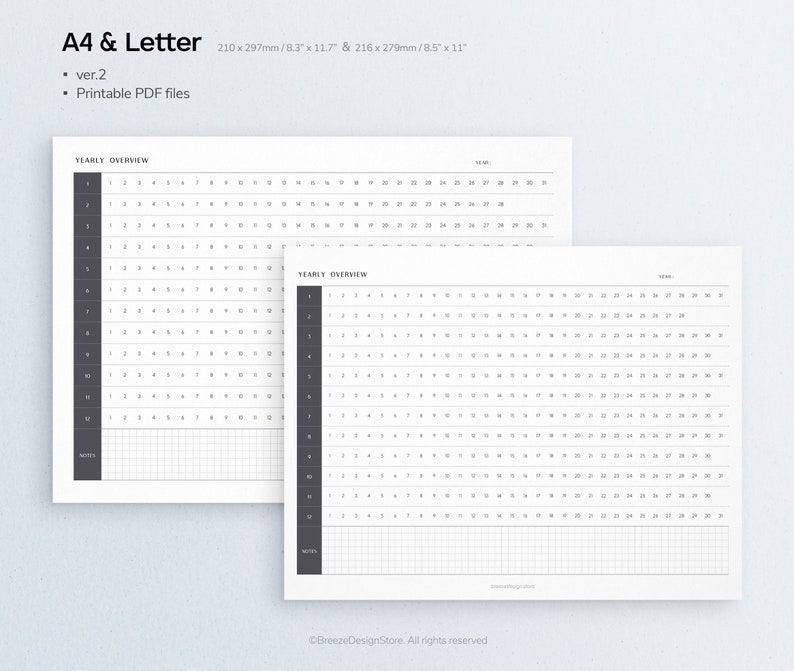Yearly Overview Year at a Glance, A4 Yearly Printable, Year on One Page ...