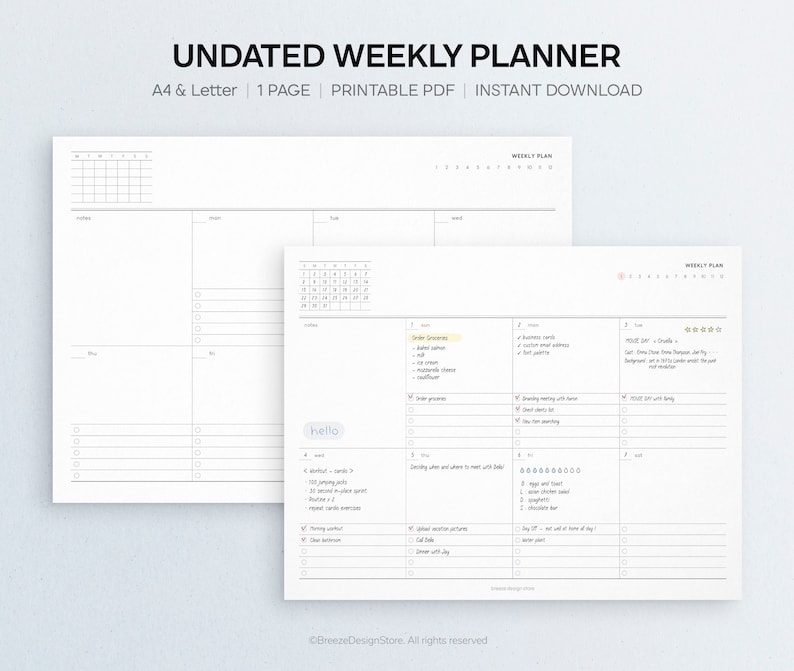 Undated Weekly Planner Printable A4 & Letter Weekly - Etsy