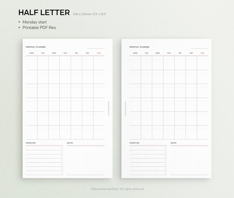 Undated Monthly Planner Printable Half Letter Monthly Printable, Month ...