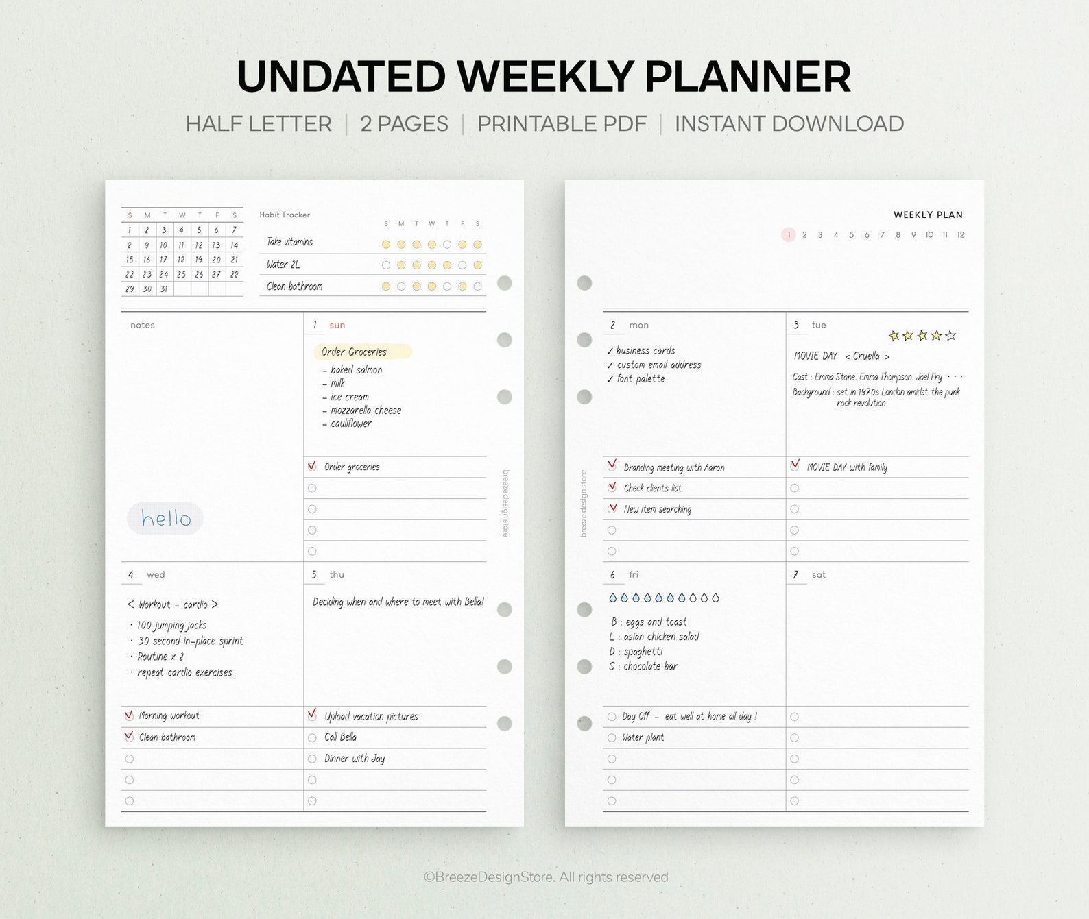 Undated Weekly Planner Printable Half Letter Weekly Printable, Week on ...