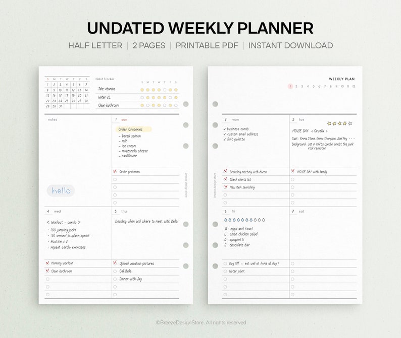 Undated Weekly Planner Printable Half Letter Weekly Printable, Week on ...