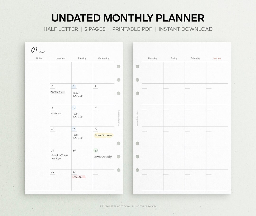 Undated Monthly Planner Printable Half Letter Monthly, Month on Two ...