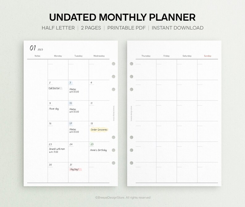 Undated Monthly Planner Printable Half Letter Monthly, Month on Two ...
