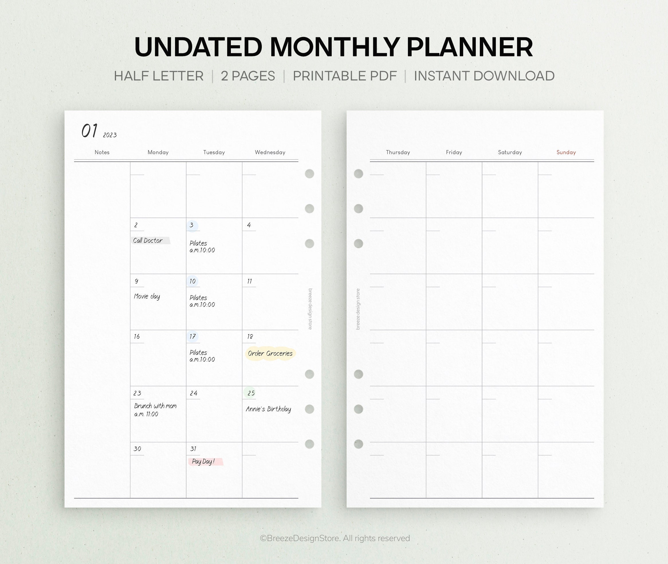 Undated Monthly Planner Printable Half Letter Monthly, Month on Two ...