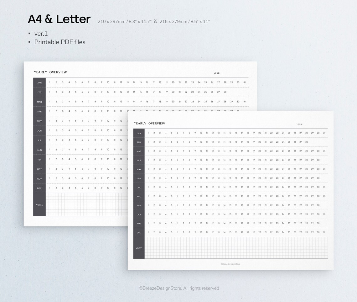 Yearly Overview Year at a Glance, A4 Yearly Printable, Year on One Page ...