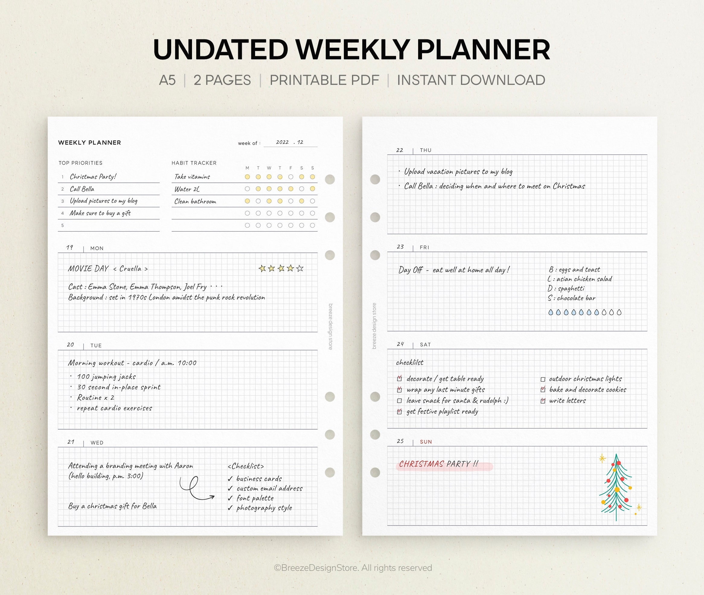Undated Weekly Planner Printable A5 Weekly Printable, Week on Two Pages ...