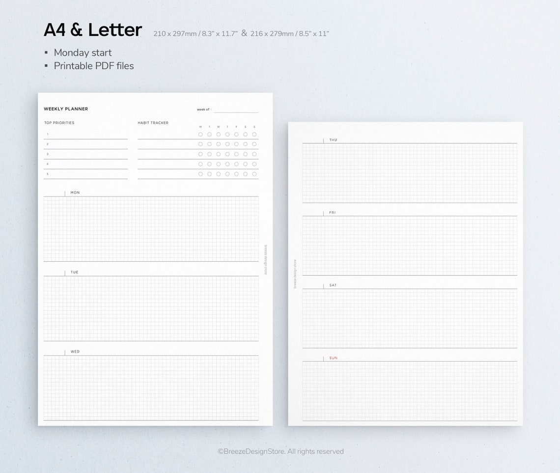 Undated Weekly Planner Printable A4 & Letter Weekly Printable, Week on ...