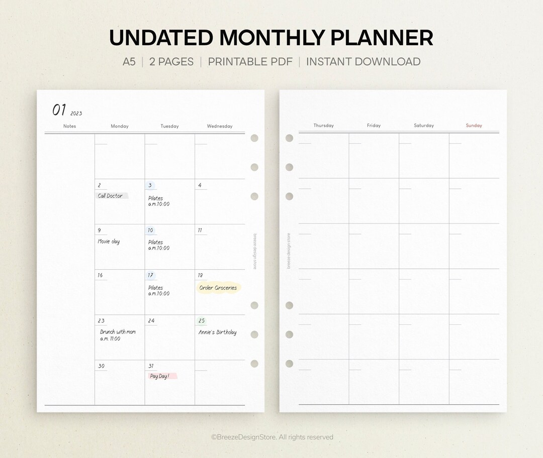 Undated Monthly Planner Printable A5 Monthly Printable, Month on Two ...
