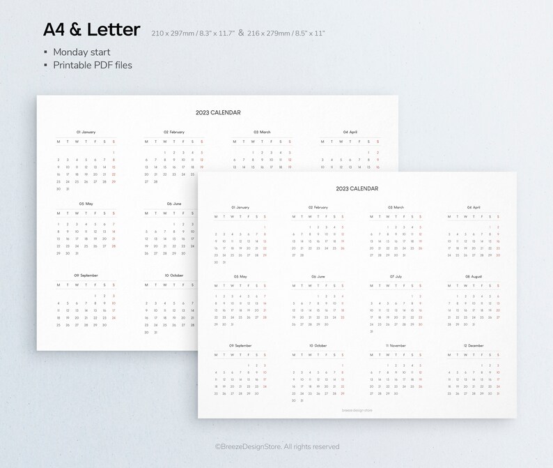 2023 Calendar Dated Calendar, A4 Calendar Printable, Year on One Page ...