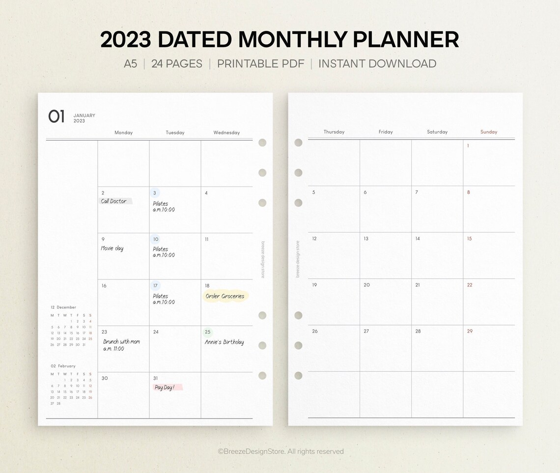 2023 Monthly Planner Printable A5 Monthly Printable, Dated Planner ...